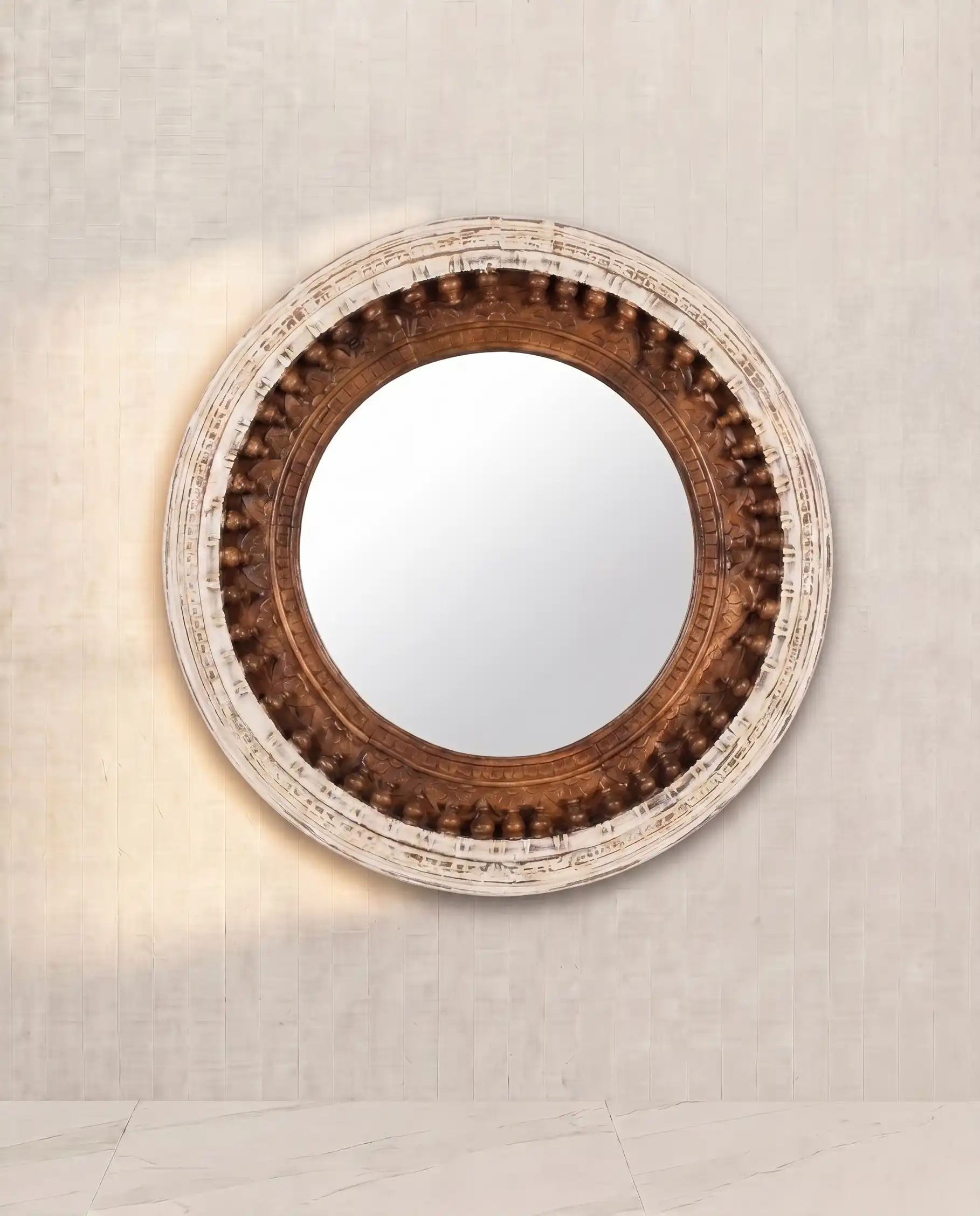 Dual Tone Distressed White And Natural Wood Round Mirror Frame 1007 ...